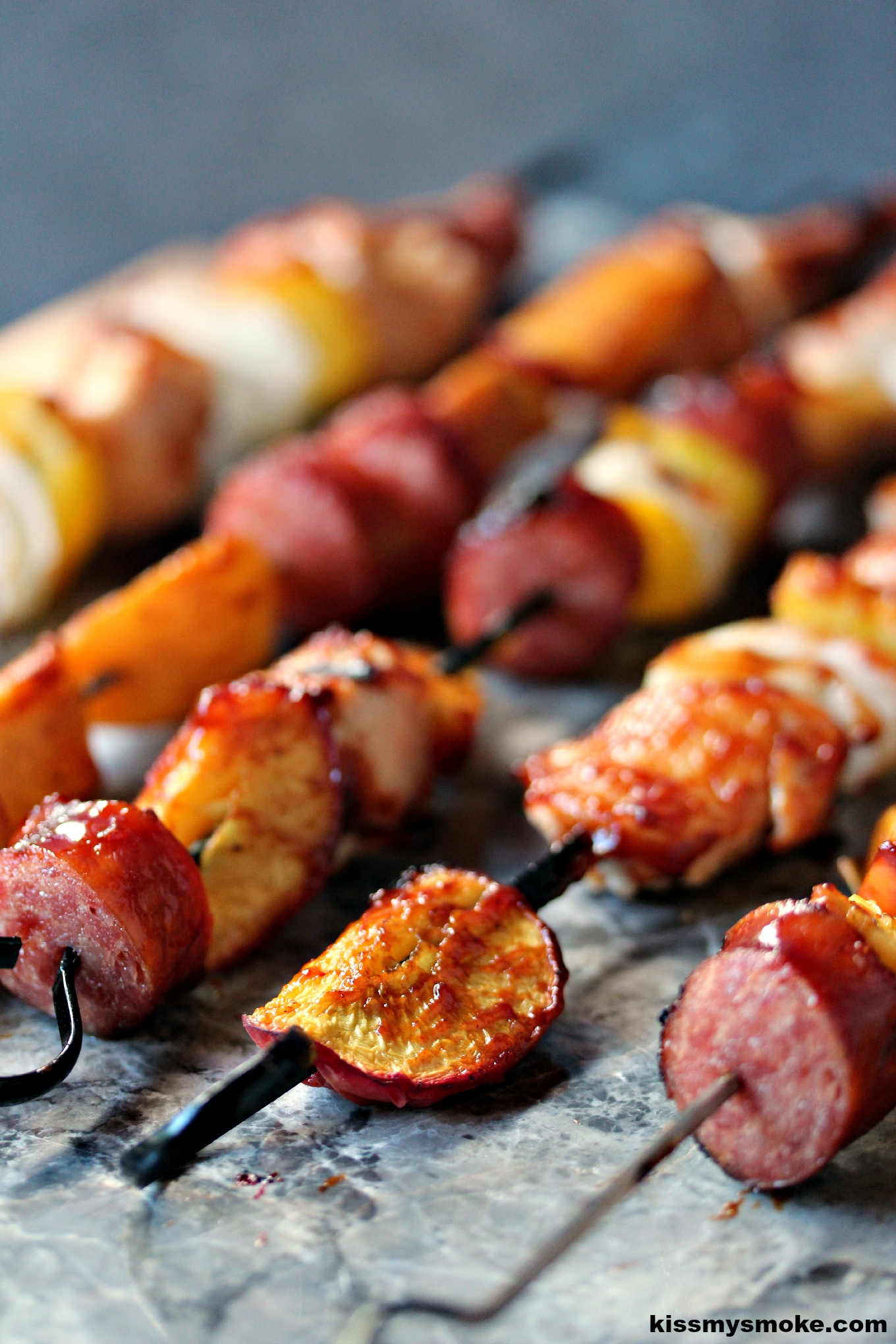 Chicken, Peach, and Sausage Kebabs